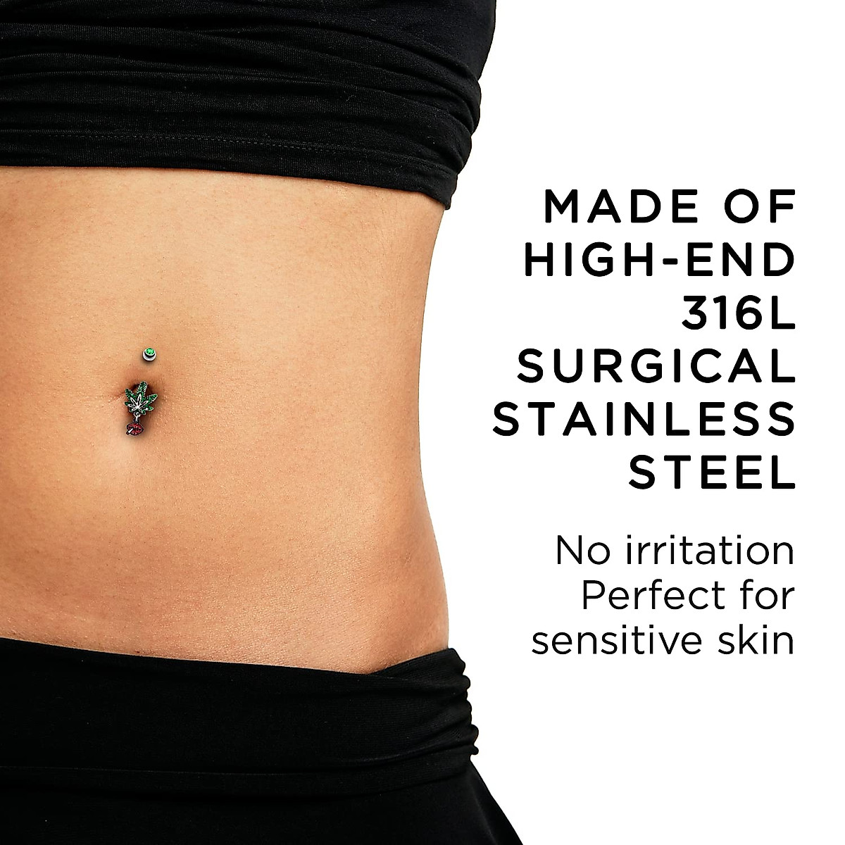 Pierce2GO Weed Belly Button Ring - 316L Surgical Grade Stainless-Steel Belly Button Ring with Lips Smoking Weed - Marijuana Belly Button Ring with Cubic Zirconia Stone - Navel Rings for Women
