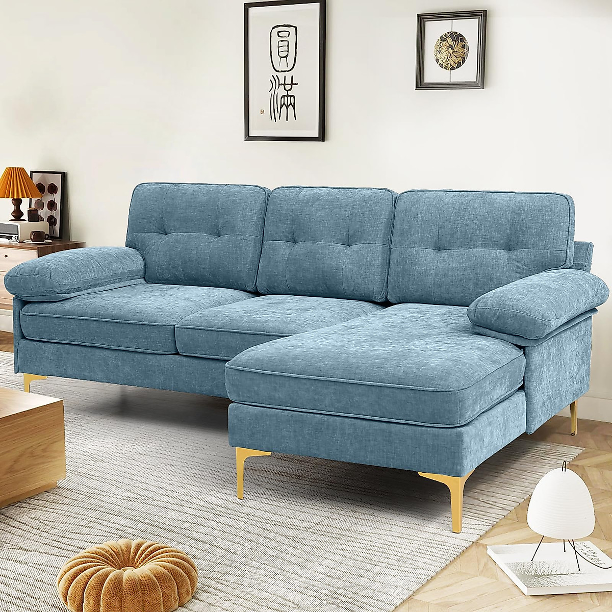 KIMOHOME Convertible Sectional Sofa Couch, L-Shape Sofa Couch with Reversible Chaise for Small Space, Mid Century Modern Fabric Couches for Living Room, Light Blue