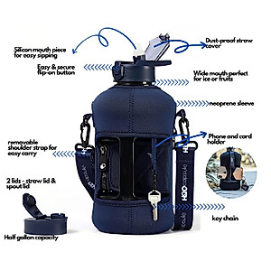 H2O Capsule 2.2L Half Gallon Water Bottle with Storage Sleeve and Covered Straw Lid – BPA Free Large Reusable Drink Container with Handle - Big Sports Jug, 2.2 Liter (74 Ounce) Navy Blue