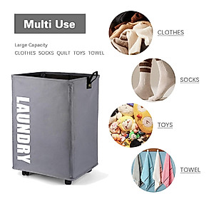 VENUSDALI Large Laundry Hamper,with Wheels Oxford Fabric Leather Handle,water Proof Folding Washing Bin,for Bedroom, Laundry Room, Closet, Bathroom, College, Dark Grey (Bark grey)