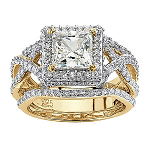 PalmBeach Yellow Gold-Plated or Platinum-Plated Sterling Silver Princess Cut Cubic Zirconia 3 Piece Halo Crossover Bridal Ring Set Size 9