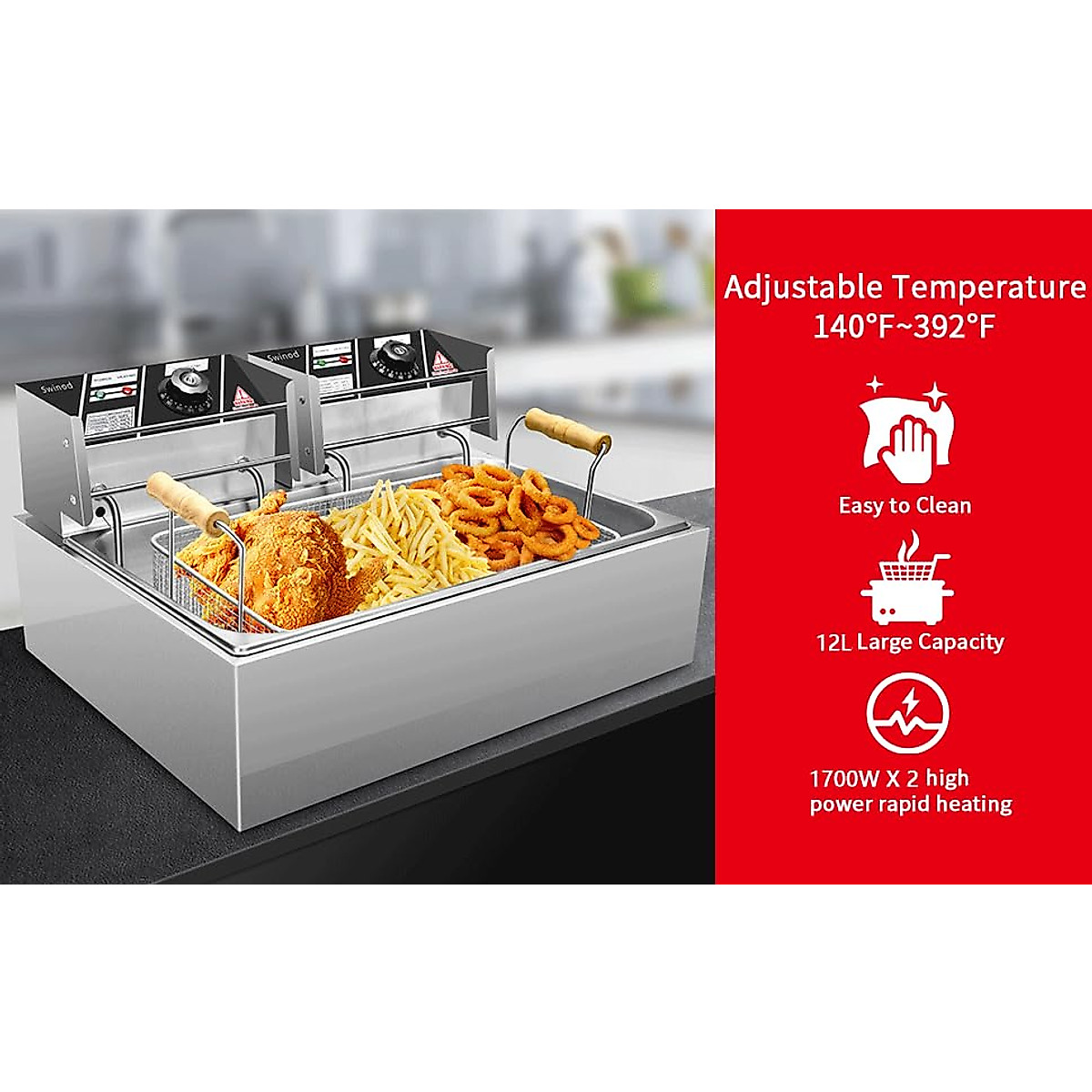 Swinod Commercial Deep Fryer with Basket for Restaurant or Home Use, Detachable Large Capacity Stainless Steel Countertop Electric Oil Fryer with Temperature Control