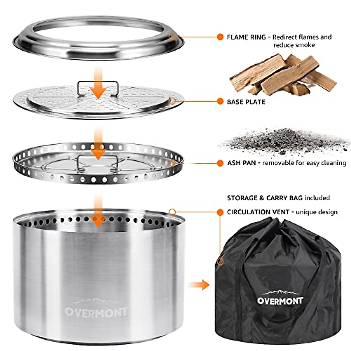 Overmont 19.5" Bonfire Fire Pit with Cover Bag, Smokeless Stove for Outdoor Stainless Steel Wood Burning Fireplaces with Removable Ash Pan