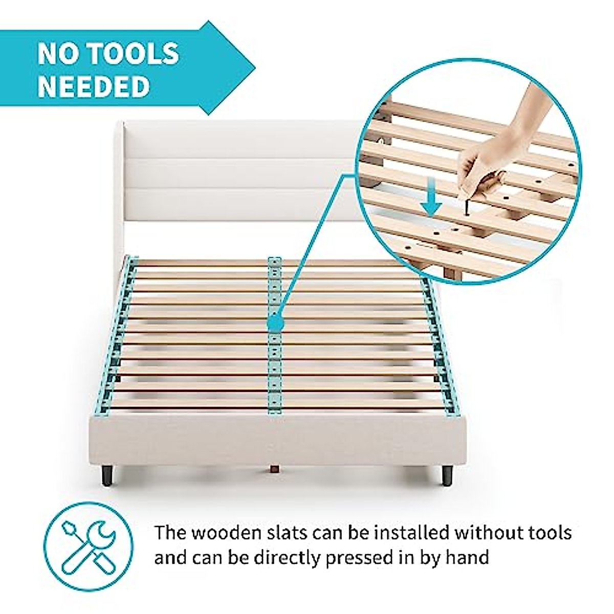 CECER King Size Platform Bed Frame with Upholstered Headboard, Bed Frame with Strong Wooden Slats, Strong Weight Capacity, No Box Spring Needed, Easy Assembly, Beige