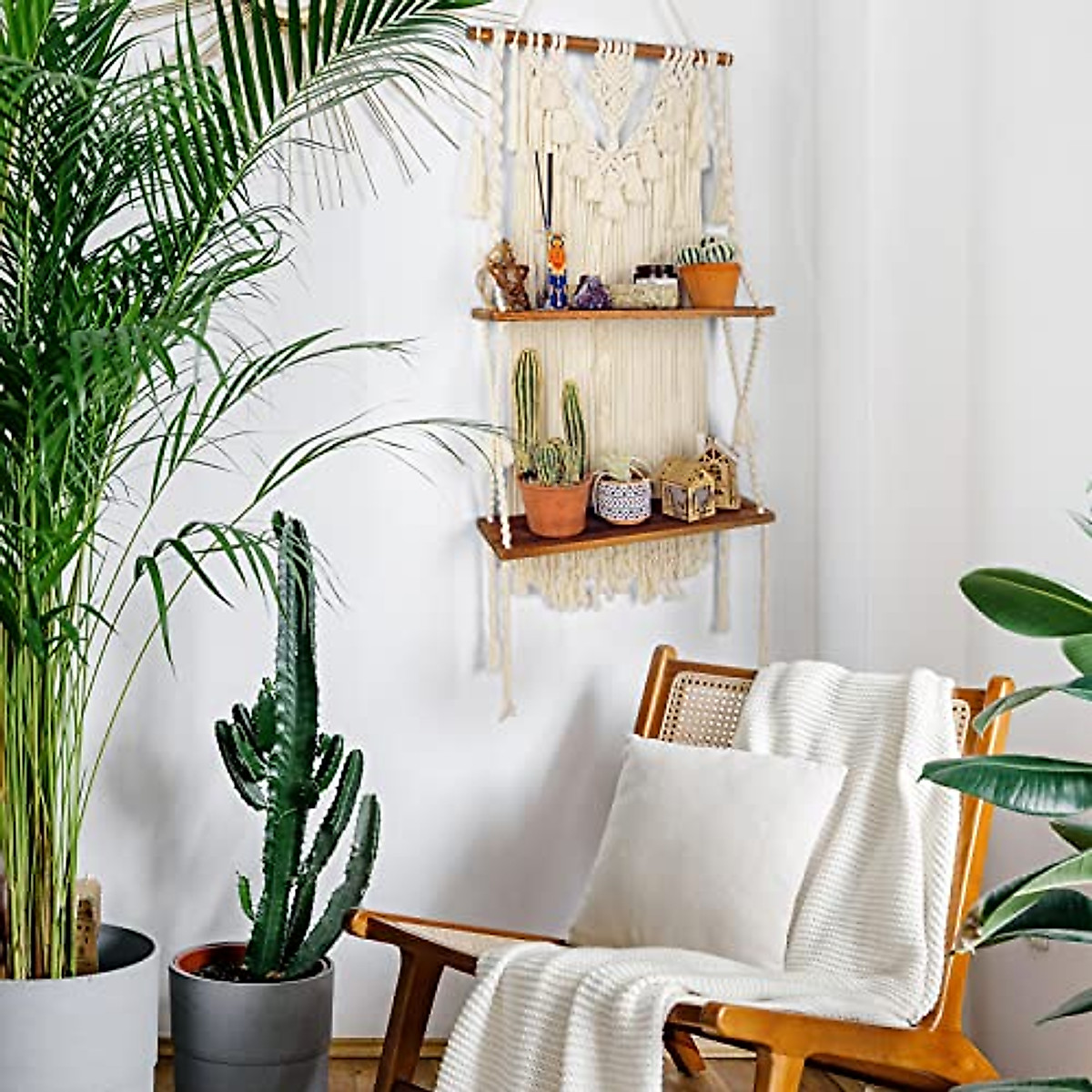 ANROYE 1 TierAND 2 Tier Macrame Boho Wall Hanging Shelf, Handmade Bohemian Wooden Woven Plants Floating Shelves Decor, Mini Chic Rope Crystal Holder Organizer