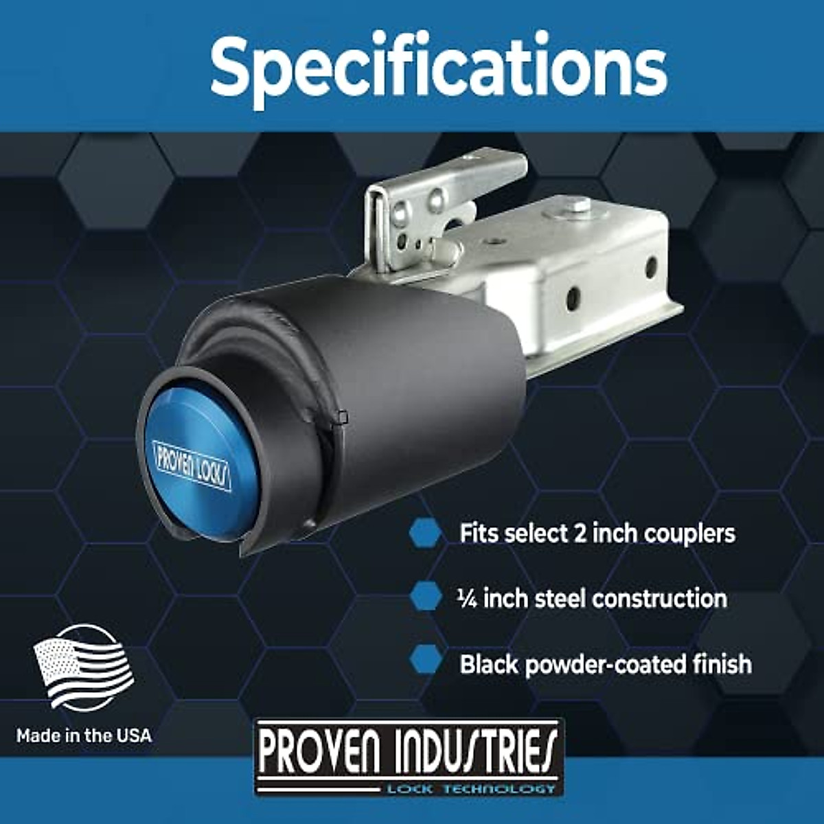 Proven Industries Model 2178 Trailer Lock, Fits 2-Inch Trailer Couplers, Secures Safety Chains, Made in The USA, (Blue)