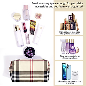 MAANGE Small Makeup Bag for Purse, 2 PCS Cosmetic Bag for Women Travel Makeup Pouch Leather Make up Bag Portable Zipper Pouch Makeup Brushes Bag - khaki plaid