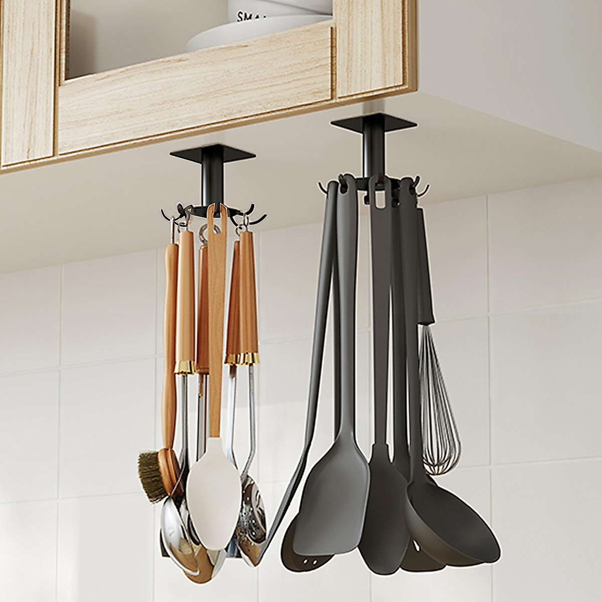 2PCS Utensil Under Cabinet Holder, Takemay 360° Rotating Stainless Steel Kitchen Utensil Holder with 8 Hooks,Top and Wall Mounted Utensil Hanger Rack for Hanging Utensils, Knives, Mugs, Spatulas, Pots