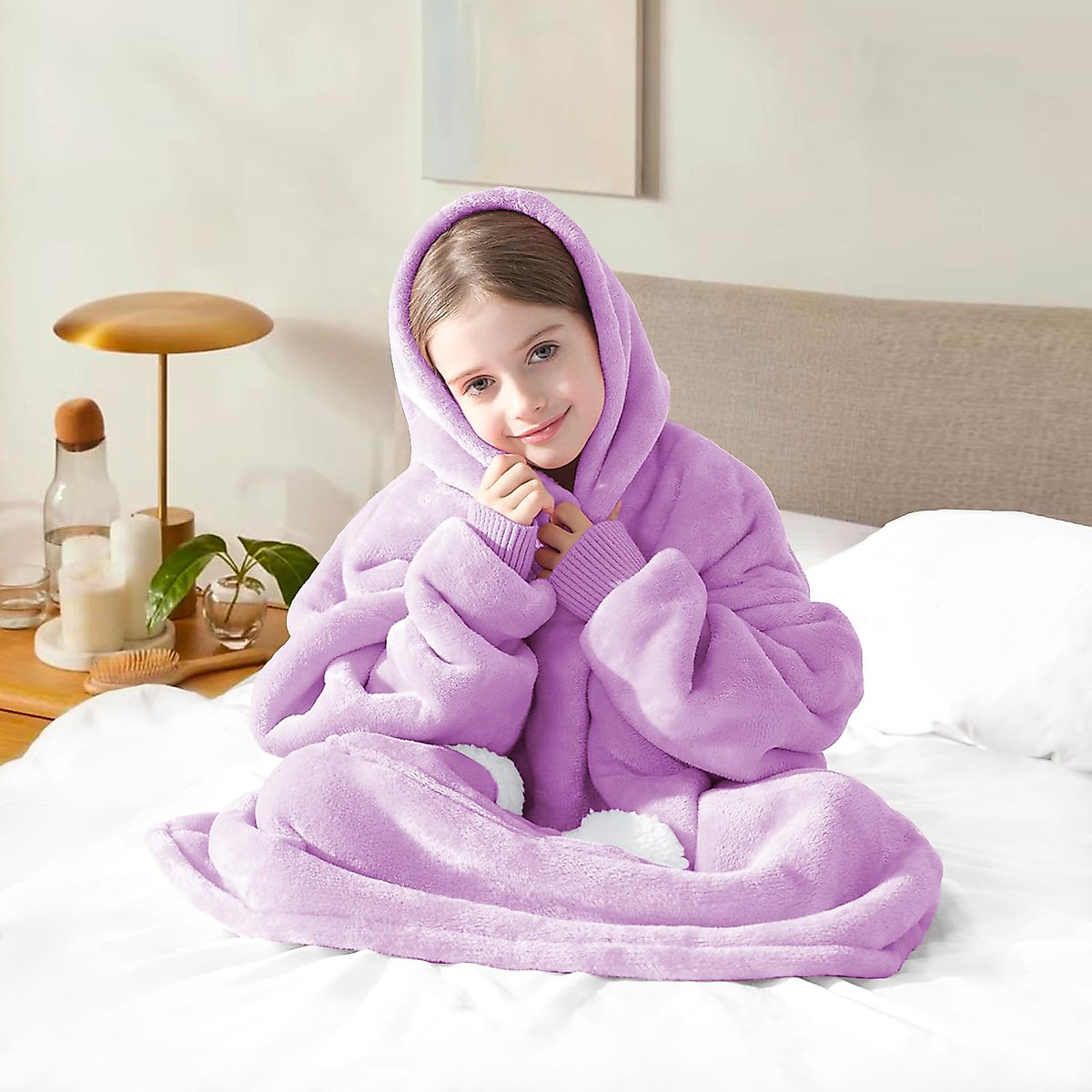 Touchat Wearable Blanket Hoodie, Oversized Sherpa Blanket Sweatshirt with Hood Pocket and Sleeves, Super Soft Warm Plush Hooded Blanket for Kids, One Size Fits All (Purple)