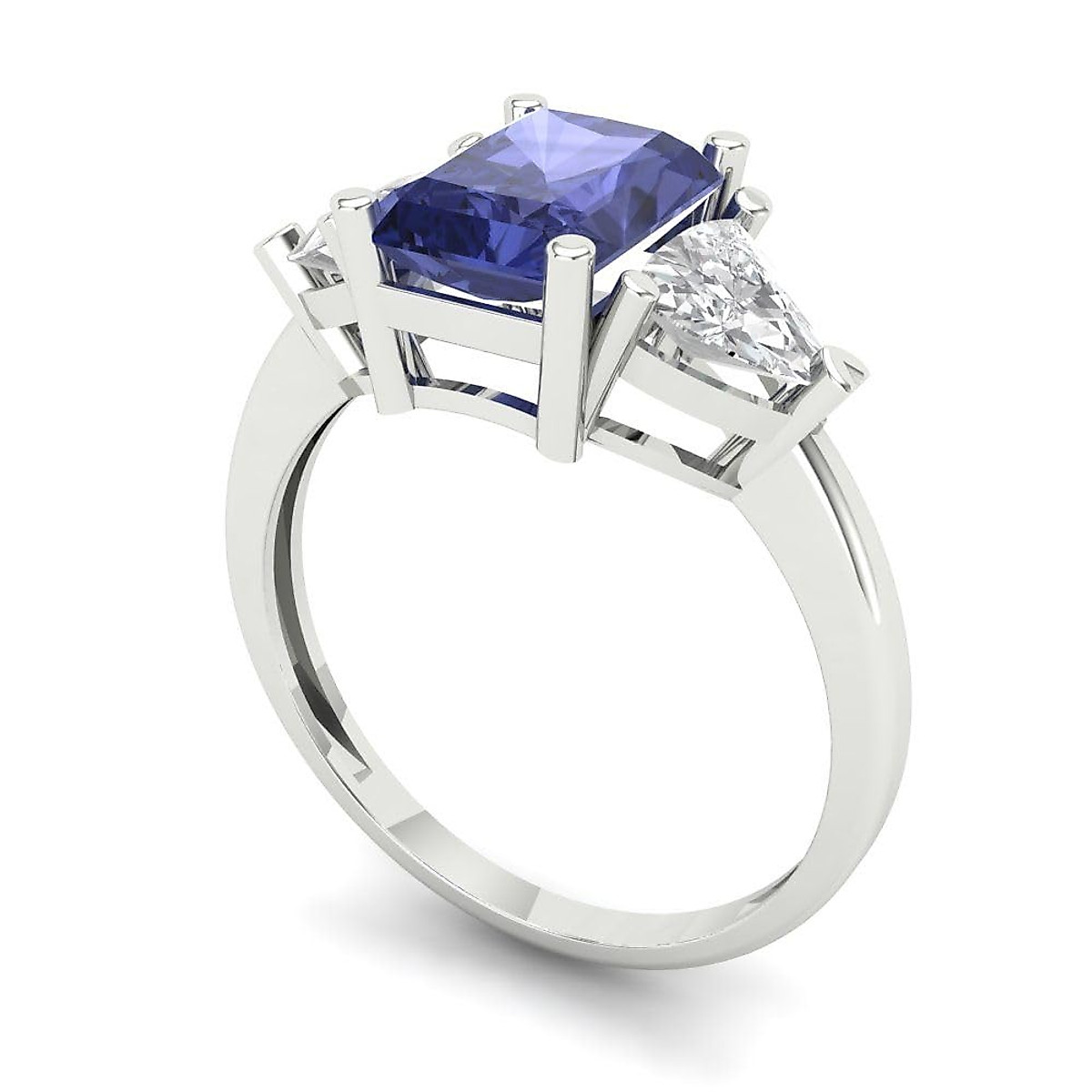 Clara Pucci 2.95 Carat Emerald Cut 3 Stone Solitaire Simulated Tanzanite Proposal Designer Wedding Anniversary Bridal Ring 14k White Gold, Size 8