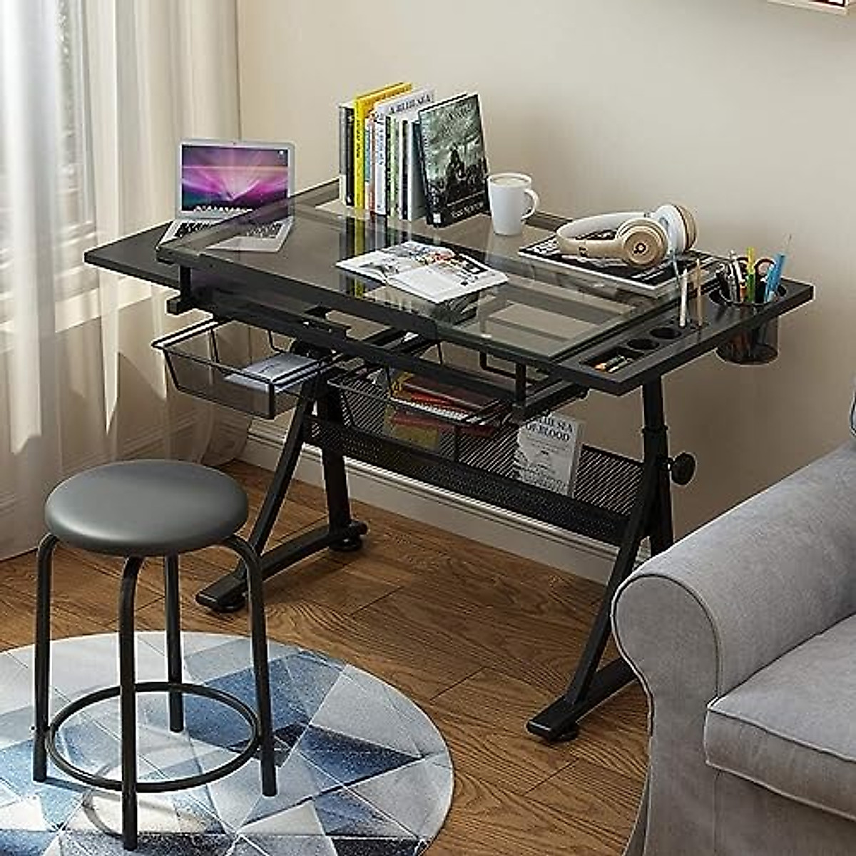XiVue Drafting Table with Storage, Height Adjustable Tiltable Art Desk, Glass Panel Drawing Desk, for Work Study Painting Craft Table