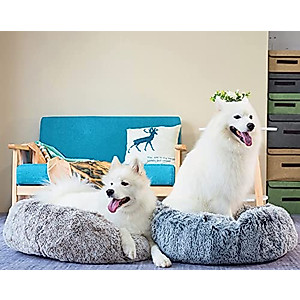 Poohoo Calming Faux Fur Donut Cuddler Dog Bed,Washable Round Cat Bed Pillow Cuddler Gradient Color(23"/30") for Small Medium Dogs(L 30",Grey)