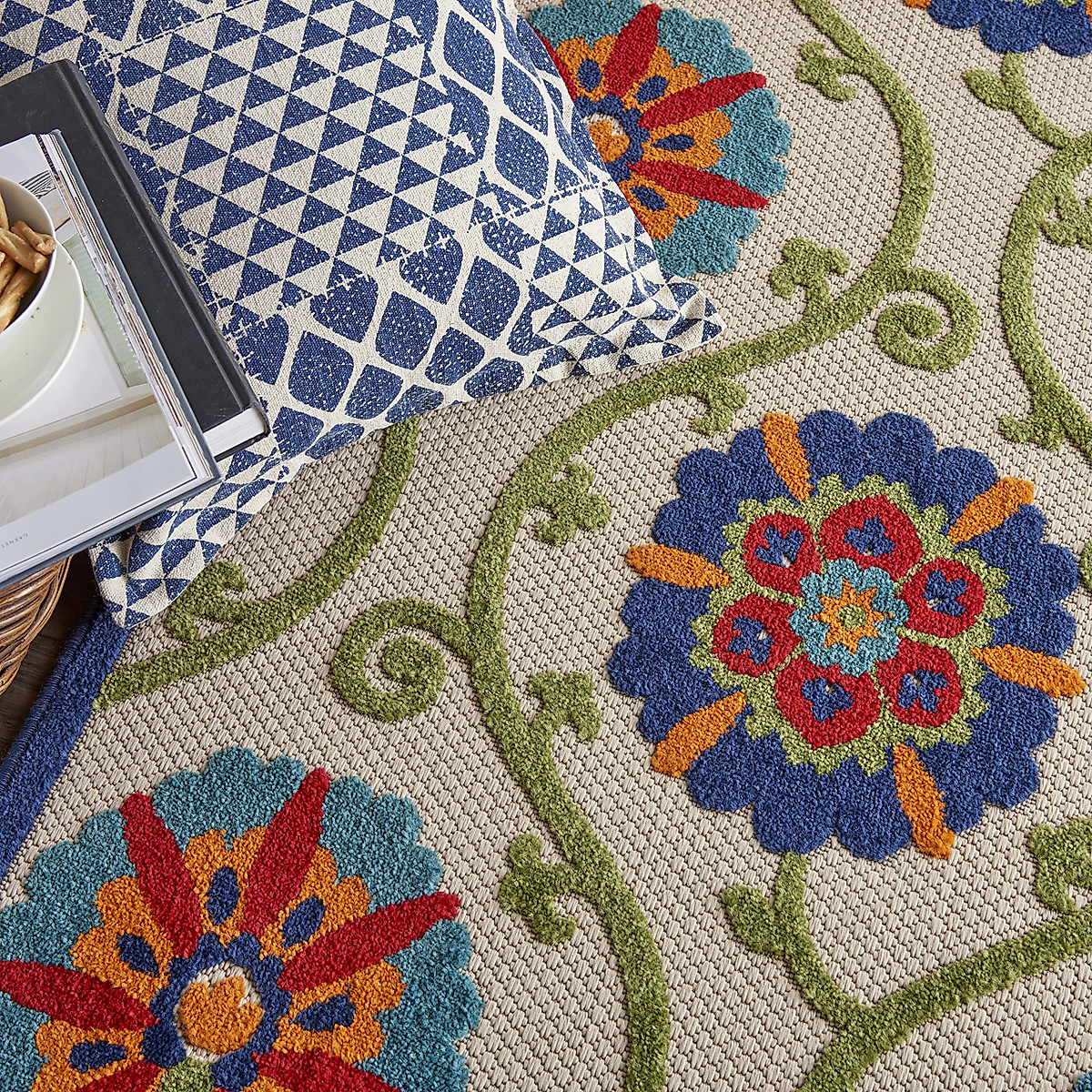 Nourison Aloha Indoor/Outdoor Blue/Multicolor 5'3" x 7'5" Area -Rug, Easy -Cleaning, Non Shedding, Bed Room, Living Room, Dining Room, Deck, Backyard, Patio (5x7)