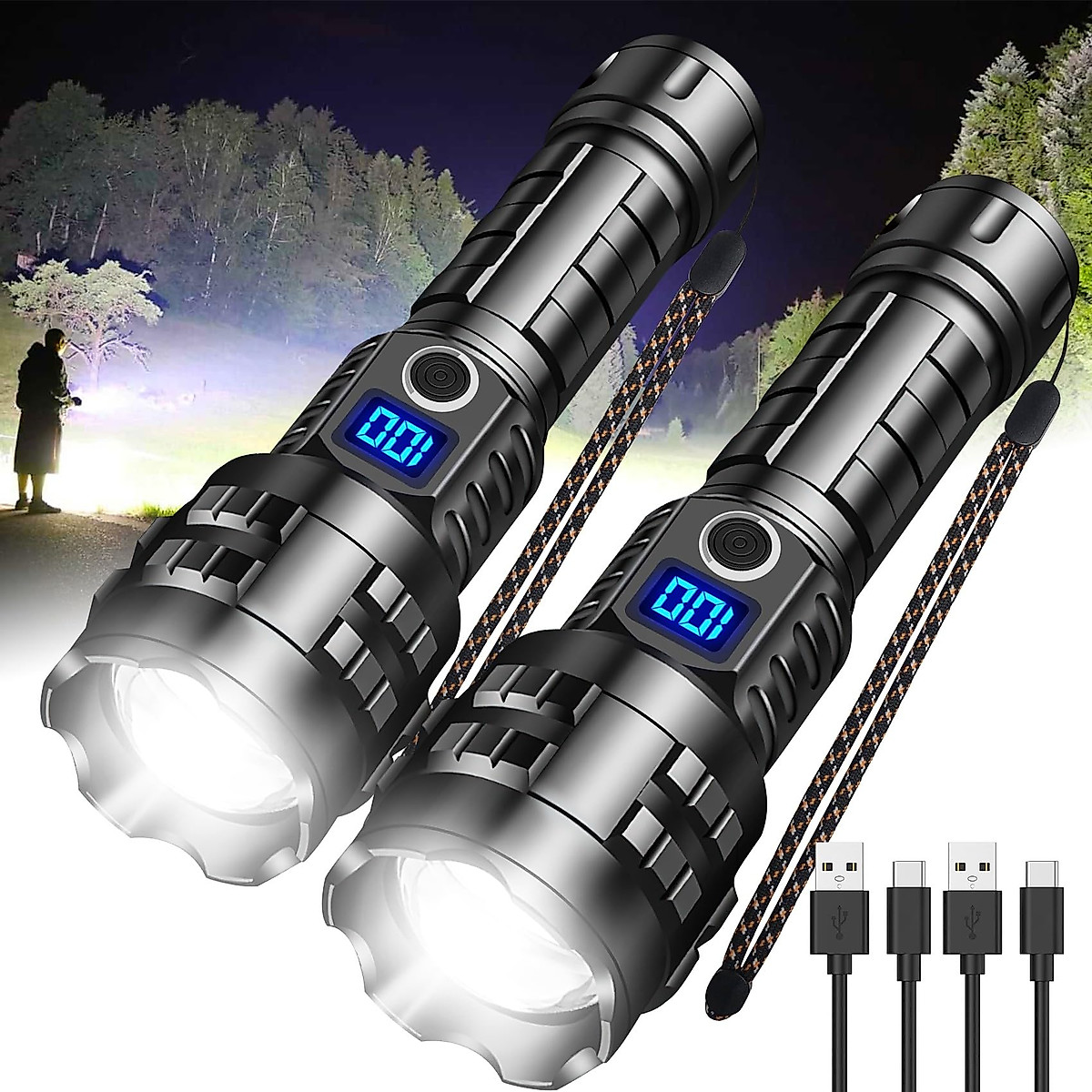 igokqsdg Torce LED High Lumen Ricaricabili, 250000 Lumen XHM77.2 Flash Super Luminoso USB, Torcia Portatile Ad Alta Potenza, Torcia Potente Impermeabile per Campeggio di Emergenza