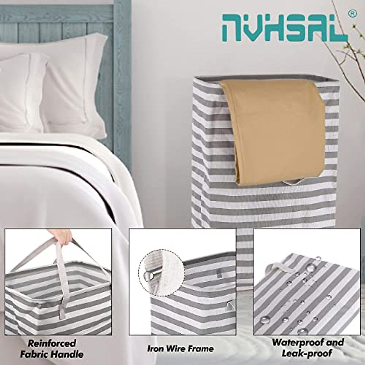 Collapsible Laundry Hamper with Handles, Large Laundry Basket 75L Freestanding Square Storage Bin Towels Toy Clothes Organizer Canvas Waterproof Laundry Baskets for Home Travel School (Grey White)