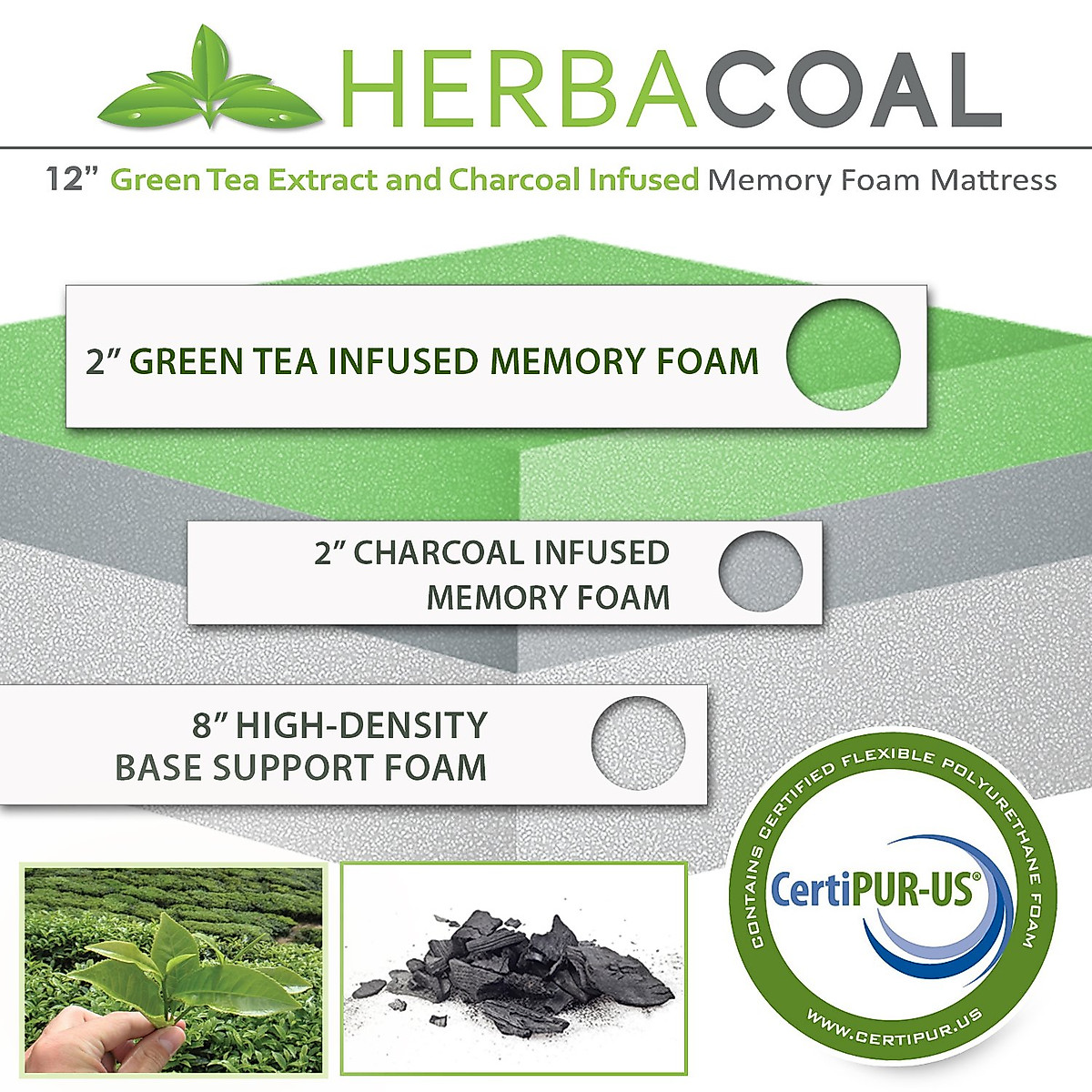 AC Pacific HERBACOAL Collection 12" Medium Firmness Green Tea Infused Memory Foam Mattress Made In USA, Queen, White