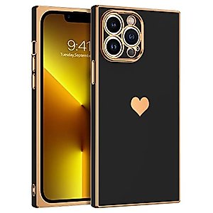 BENTOBEN Square iPhone 13 Pro Max Case, Cute Heart Luxury Plated Full Camera Lens Protection, Reinforced Corner TPU Cushion Shockproof Edge Bumper Women Men Phone Cover for 13 Pro Max 6.7", Black/Gold