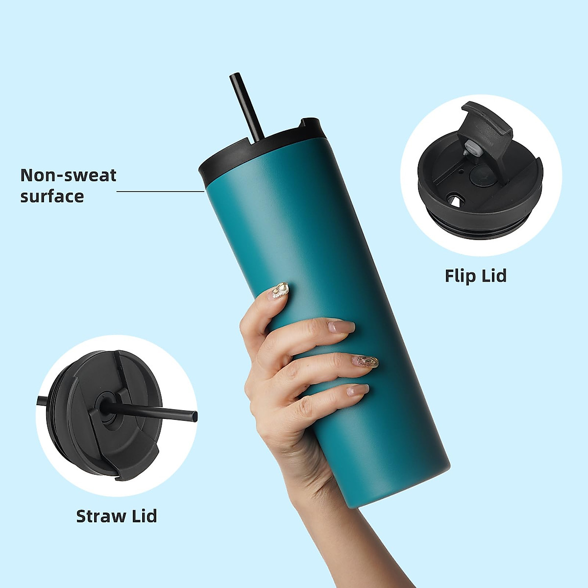 Konokyo 26 OZ Insulated Tumbler with Lid and 2 Straws Stainless Steel Water Bottle Vacuum Travel Mug Coffee Cup,Blue