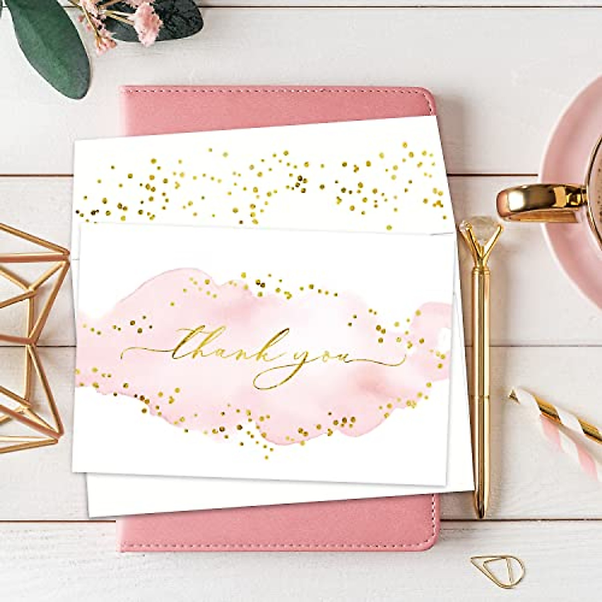 Gooji 4x6 Gold Foil Watercolor Pink Thank You Cards (Bulk 20-Pack) Matching Peel-and-Seal White Envelopes, Baby Shower, Bridal Shower, Wedding, Engagement, Graduation, Blank Notes