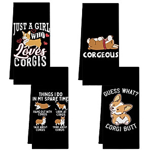 Cute Corgi Kitchen Towels And Dishcloths Set Of 4,Just A Girl Who Loves Corgis Decorative Dish Towels Hand Towels Tea Towels,Corgi Gift for Corgi Lovers,Housewarming Gifts,Dog Lovers Dog Mom Gifts,