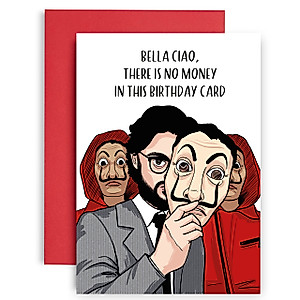 Huxters ‘Bella Ciao’ Humourous Money Heist A5 Happy Birthday Card - Cheeky Gift for Him or Her - Recyclable Paper with Envelope - Fun Greetings Card, FSC Certified and Sustainable