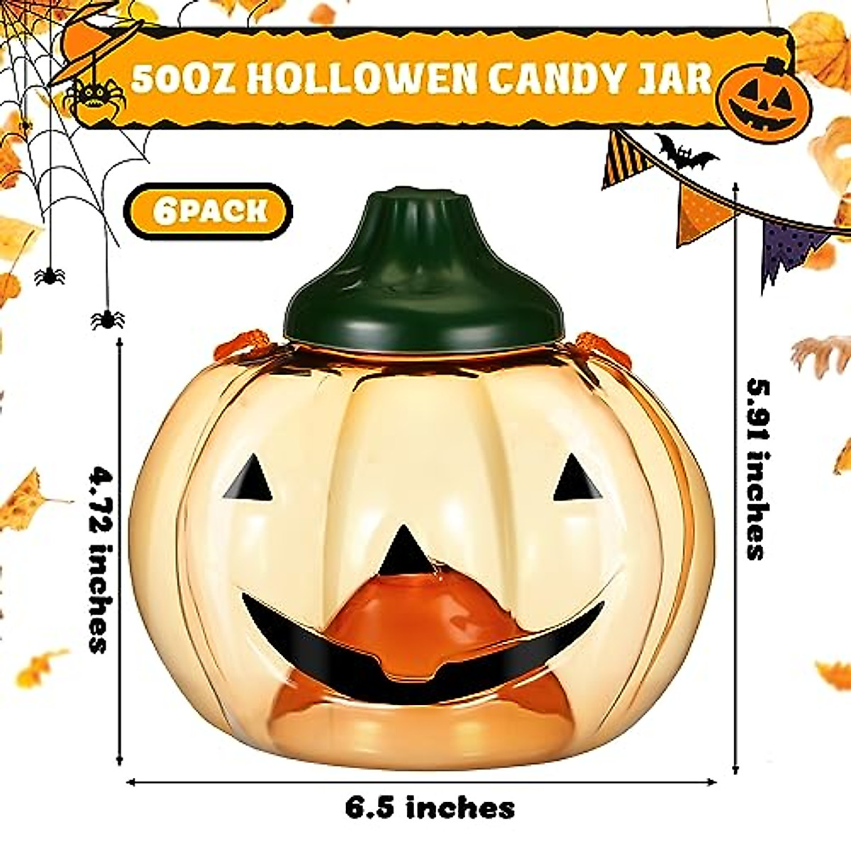 Sliner 6 Pcs 50 oz Halloween Plastic Pumpkin Jar Large Candy Jar with Lid Clear Pumpkin Cookie Dish with Cover Pumpkin Candy Bowl Fall Decorative Storage Vintage Food Snacks Sugar Container