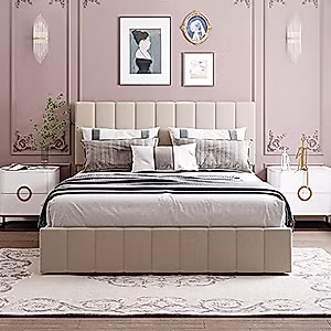 Merax Queen Size Upholstered Platform Bed with a Hydraulic Storage System, No Box Spring Needed, Beige