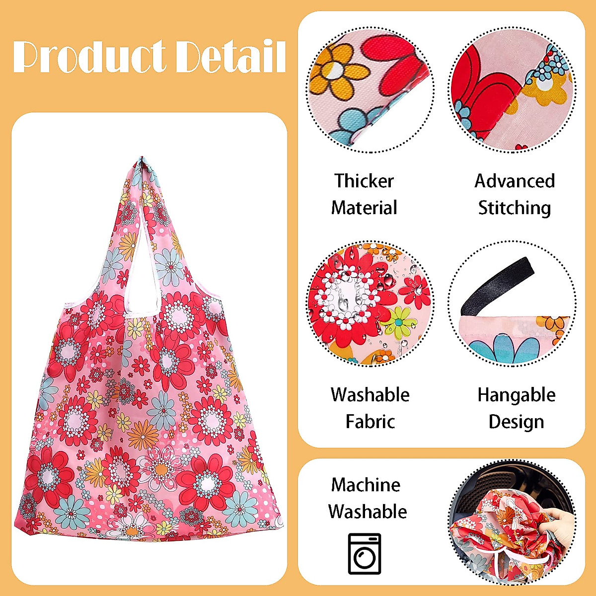 FulSurgus 6 Pack Reusable Foldable Grocery Shopping Bags, Machine Washable Groceries Bags Sturdy Lightweight Nylon Bags