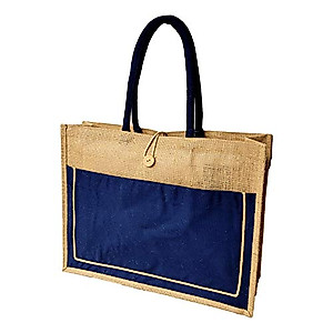 Vintage Style Jute with Cotton Pocket Reusable Large Tote Grocery Shopping Bag - Custom Personalization Available (Navy - Embroidered Monogram)