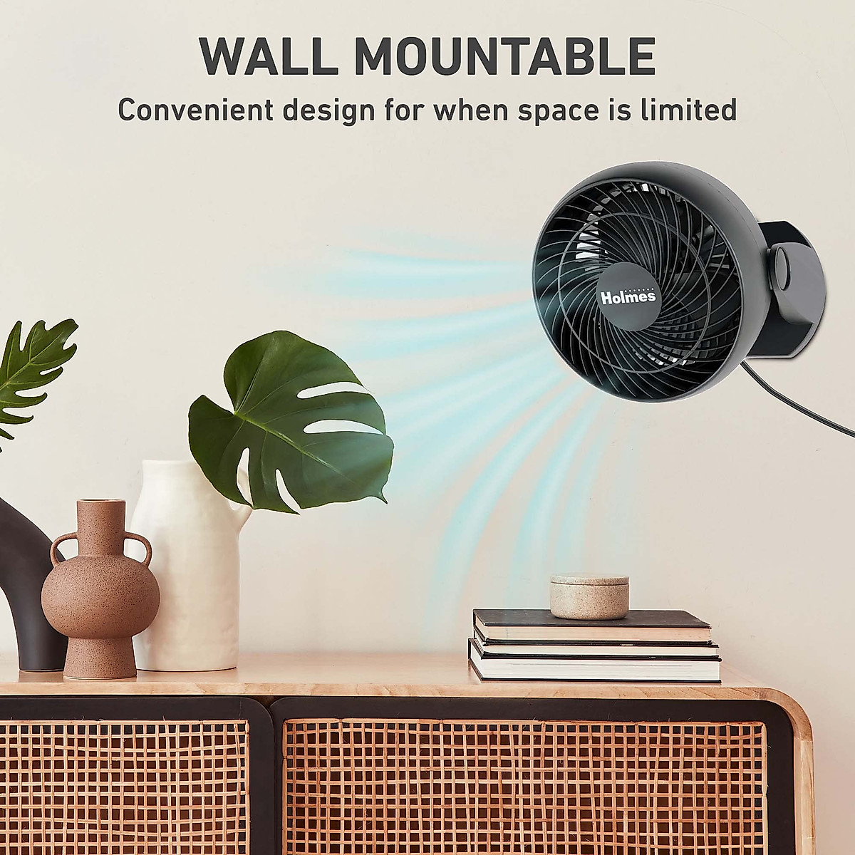 Holmes 8" Air Circulator Fan, 3 Speeds, 90° Adjustable Head Tilt, Wall Mountable, Ideal for Home, Bedroom, Kitchen or Office, Black