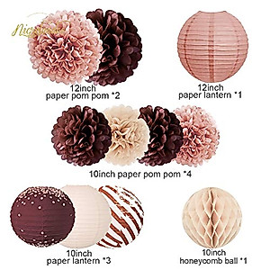 NICROLANDEE 12 PCS Burgundy Rose Gold Paper Lanterns Tissue Pom Poms Party Confetti 50G for Valentine's Day Burgundy Birthday Bridal Shower Women Girls Baby Shower Bachelorette Wedding Magenta Party