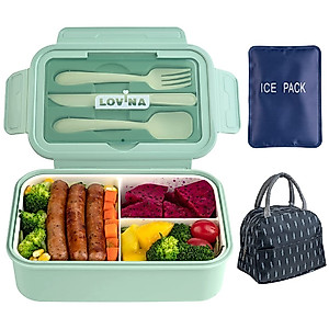 Bento Box Adult Lunch Box, 37OZ Bento box for Adults Kids With Ice Pack 6 Liter Insulated Lunch Bag Set, With Built-in Utensils, Leakproof, Durable, BPA-Free and Food-Safe Materials（Mint Green）