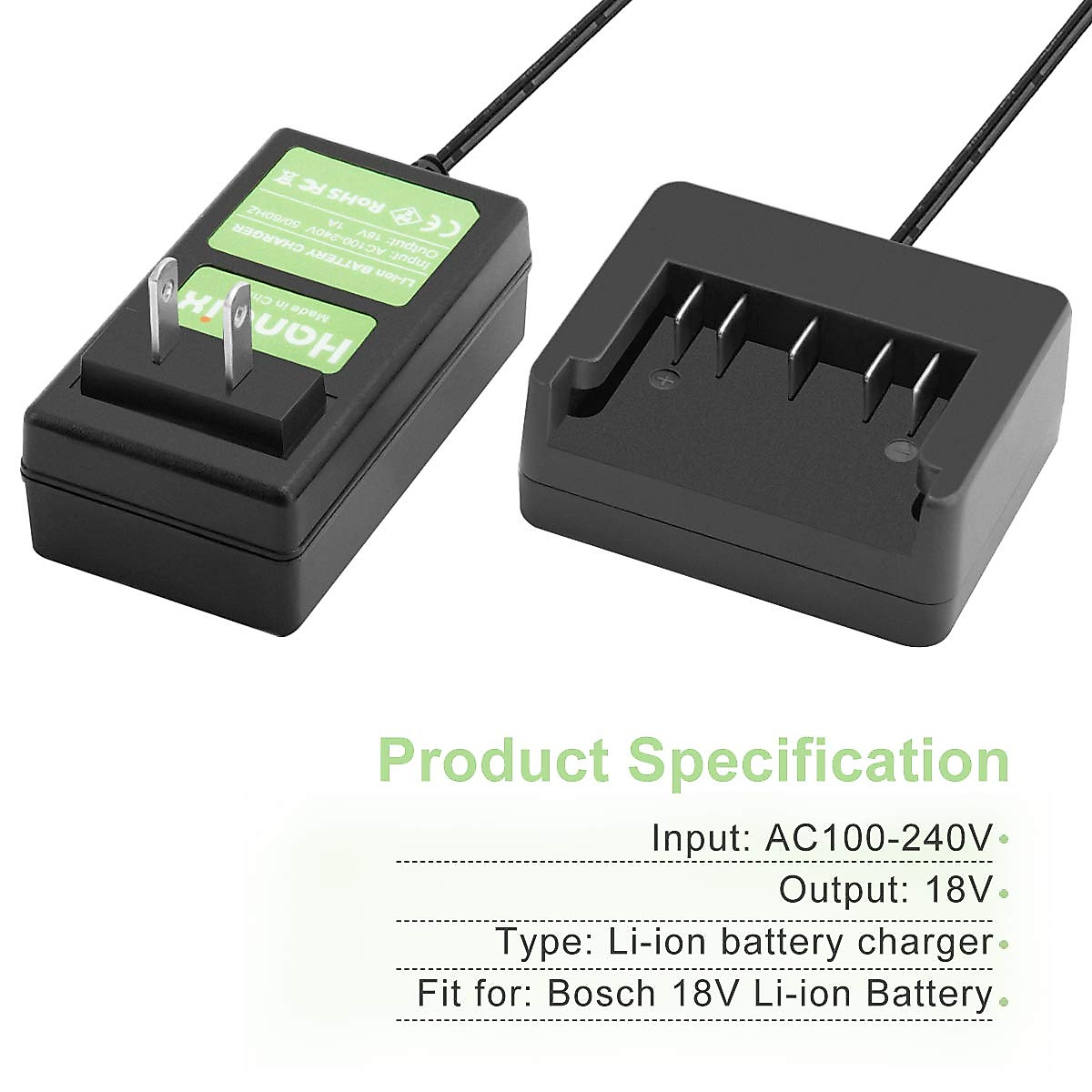Hanaix Li-ion 18v Battery Charger for Bosch BAT609 BAT609G BAT610G BAT618 BAT618G BAT619 BAT619G BAT620 BAT622 2607336169 2607336170 2607336236 2607336091 2607336092 2607336815