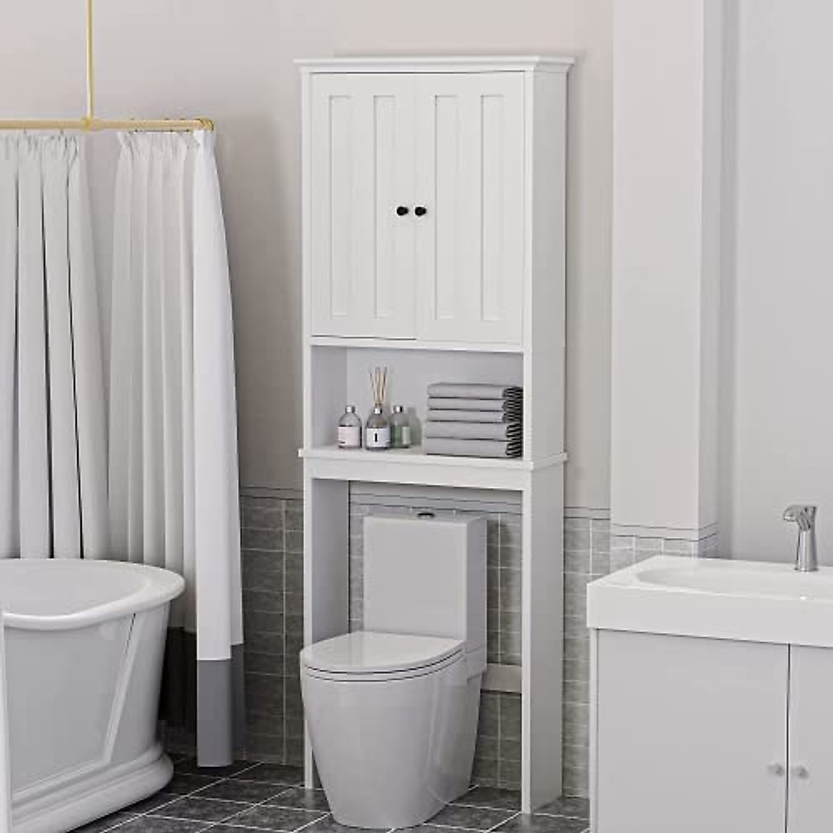 Angel Sar Over The Toilet Storage Cabinet, Space-Saving Bathroom Shelf, Bathroom Organizer with Open Shelf and Doors, White1