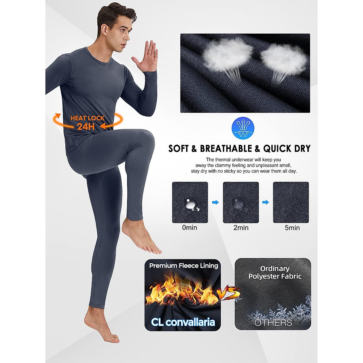 Thermal Underwear for Men, 2 Pack Long Johns Winter Long Underwear Sport Skiing Fleece Lined Base Layer Top and Bottom Set M