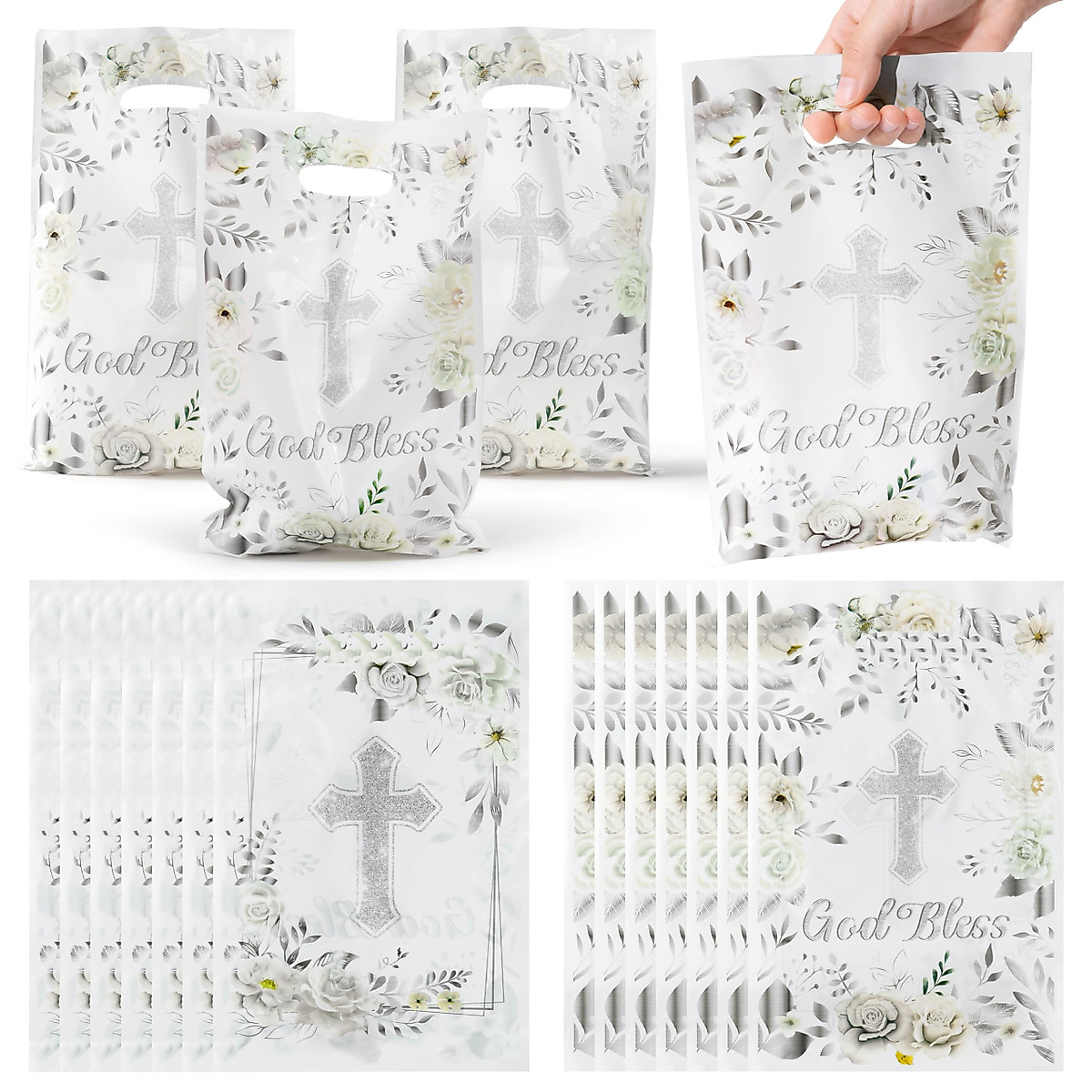 50Pcs Treat Party Bags Summer Sliver White Gold Party Favors Back to School Supplies Bags Print Easter Cross God Bless with Plastic Gifts Birthday Snack Bags Baptism First Communion Favor Supplies