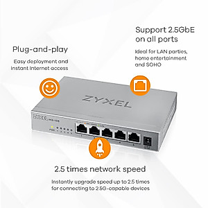 Zyxel 5-Port 2.5Gb MultiGig Ethernet Unmanaged Switch | 5 x 100/1G/2.5G Ports | Plug & Play | Metal Housing | Desktop or Wall-Mount | Ethernet Splitter MG-105