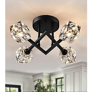 AMZASA Modern Semi Flush Mount Ceiling Light, Black Dining Room Light Fixtures,4-Lights Geometric Crystal Chandelier for Bedroom Entryway Hallway Porch Laundry Room