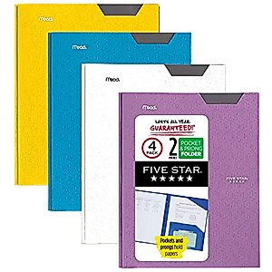 Five Star 2 Pocket Folder, 4 Pack, Plastic Folders with Stay-Put Tabs and Prong Fasteners, Holds 8-1/2” x 11" Paper, Writable Label, Assorted Colors (38064)