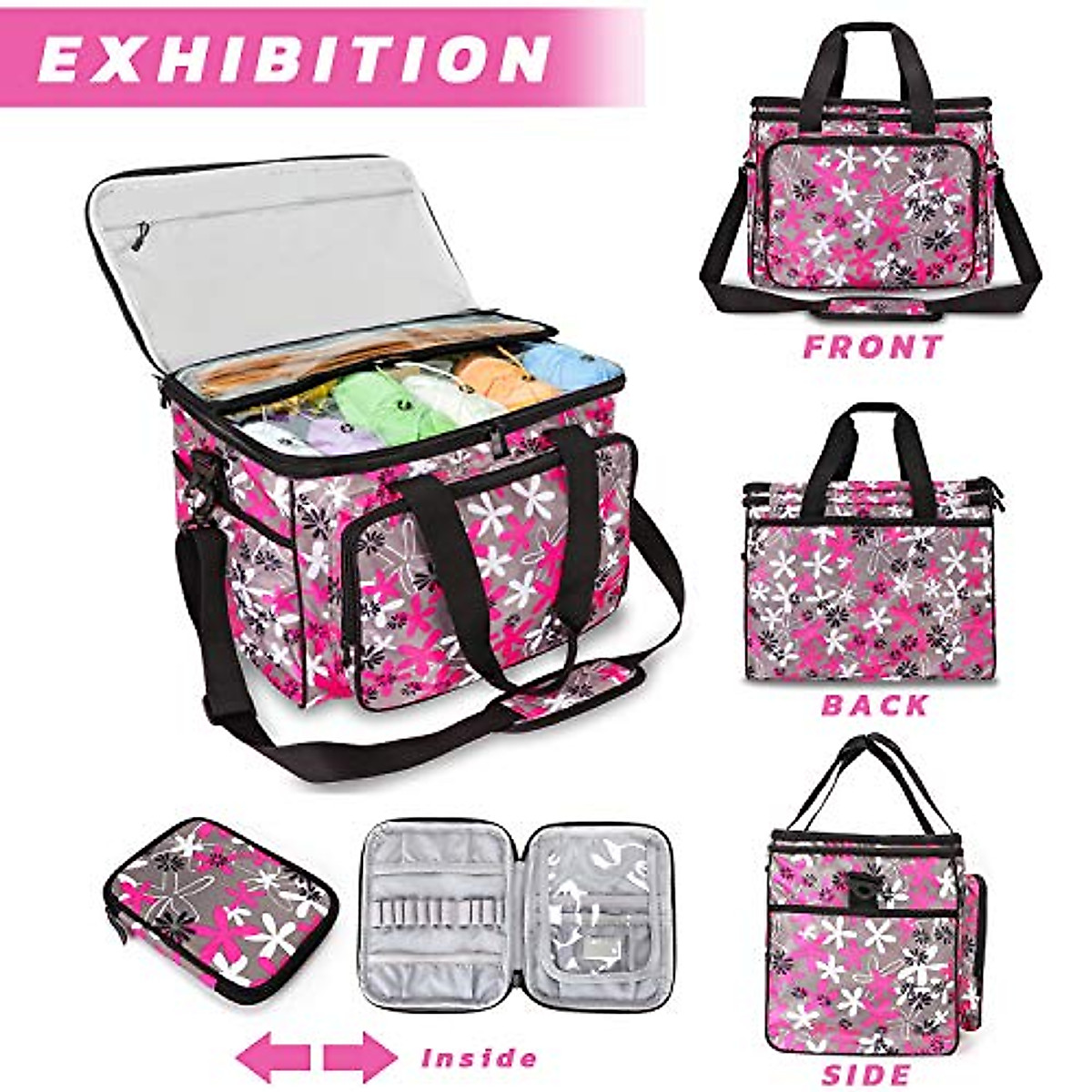 Knitting Bag, Yarn Tote Storage Organizer with Separate Crochet Hooks & Knitting Needles Bag,Slits on Top to Protect Wool and Prevent Tangling Large Flower with Cover