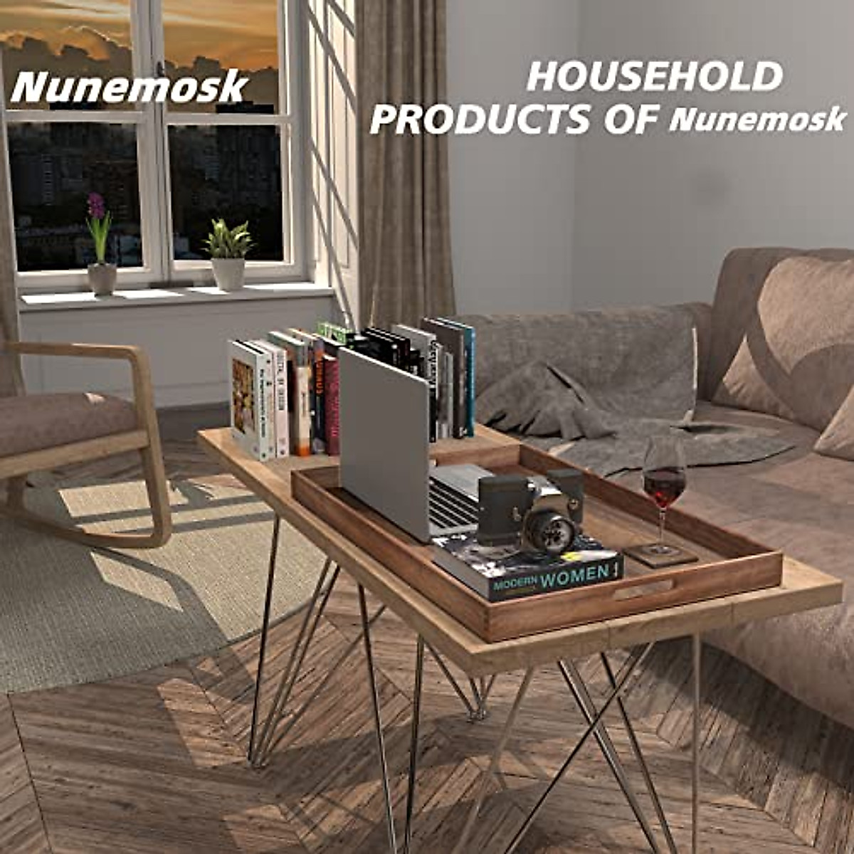 Nunemosk 28x18 inches Large Rectangle Ottoman Table Tray Wooden Solid Rectangle Serving Tray with Handle Black Walnut Platter Decorative Tray, Home Breakfast in Bed, Including 4 Walnut Coaster