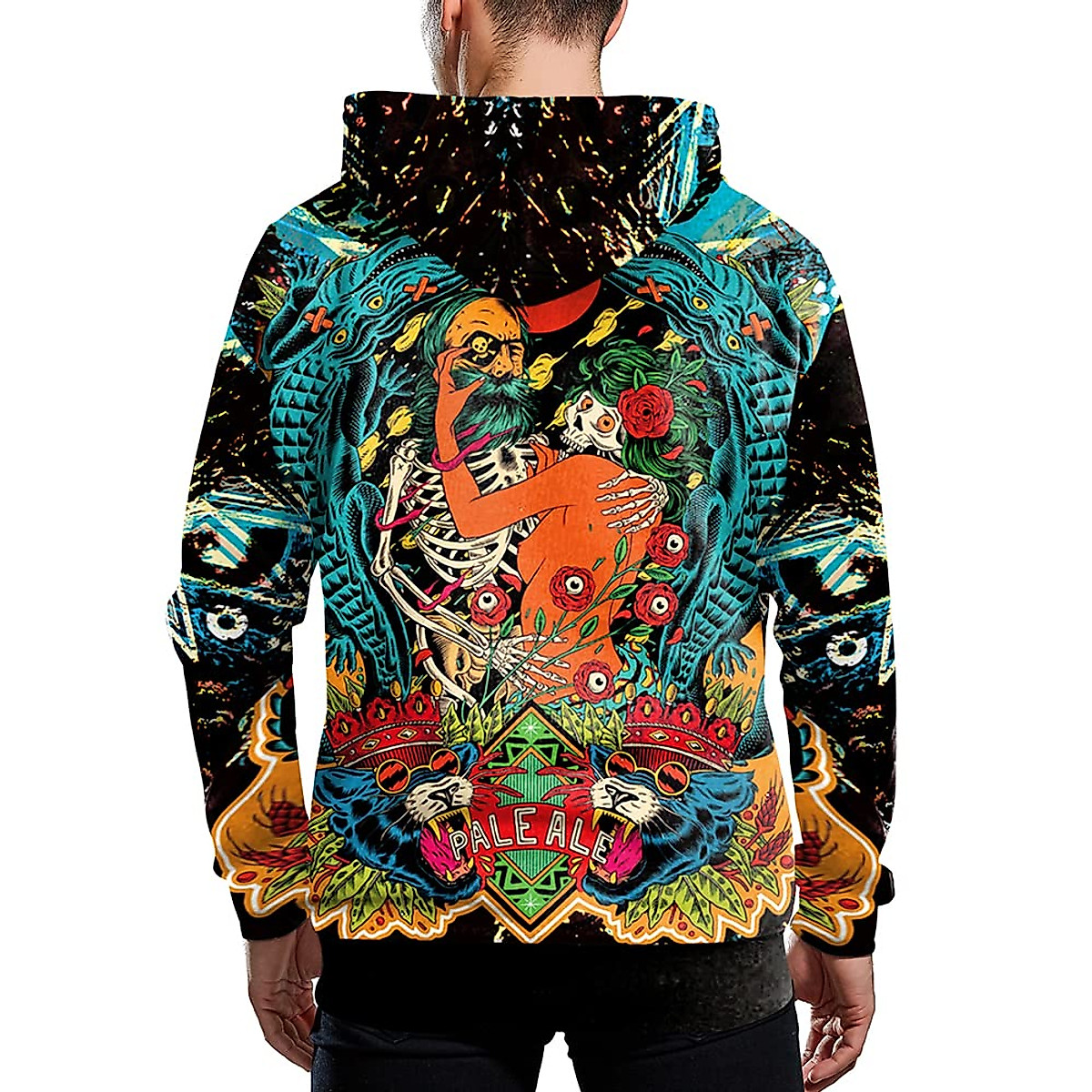 Rcimuue Men's Cool Tie Dyed Skull Skeleton Design Pattern Print Long Sleeves Costume Hoodie Pullover Black Green