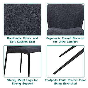 kevinplus Dining Chair Set of 2, Modern Kitchen Side Chair Accent Chair with Metal Legs, Fabric Upholstered Dining Room Living Room Dinner Kitchen Chair, Curved Backrest, Dark Grey