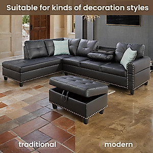 Yafylly L Shaped Sectional Couch, Living Room Furniture Set with Storage Ottoman, Deep Seat Modular Sofa with 2 Cup Holders, 2 Throw Pillows for Large Space, Black