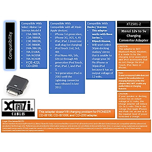 Xtenzi Charging Converter 30 Pin Pass Through Adapter XT12V5 Compatible with iPod iPhone iPad Car Vehicle