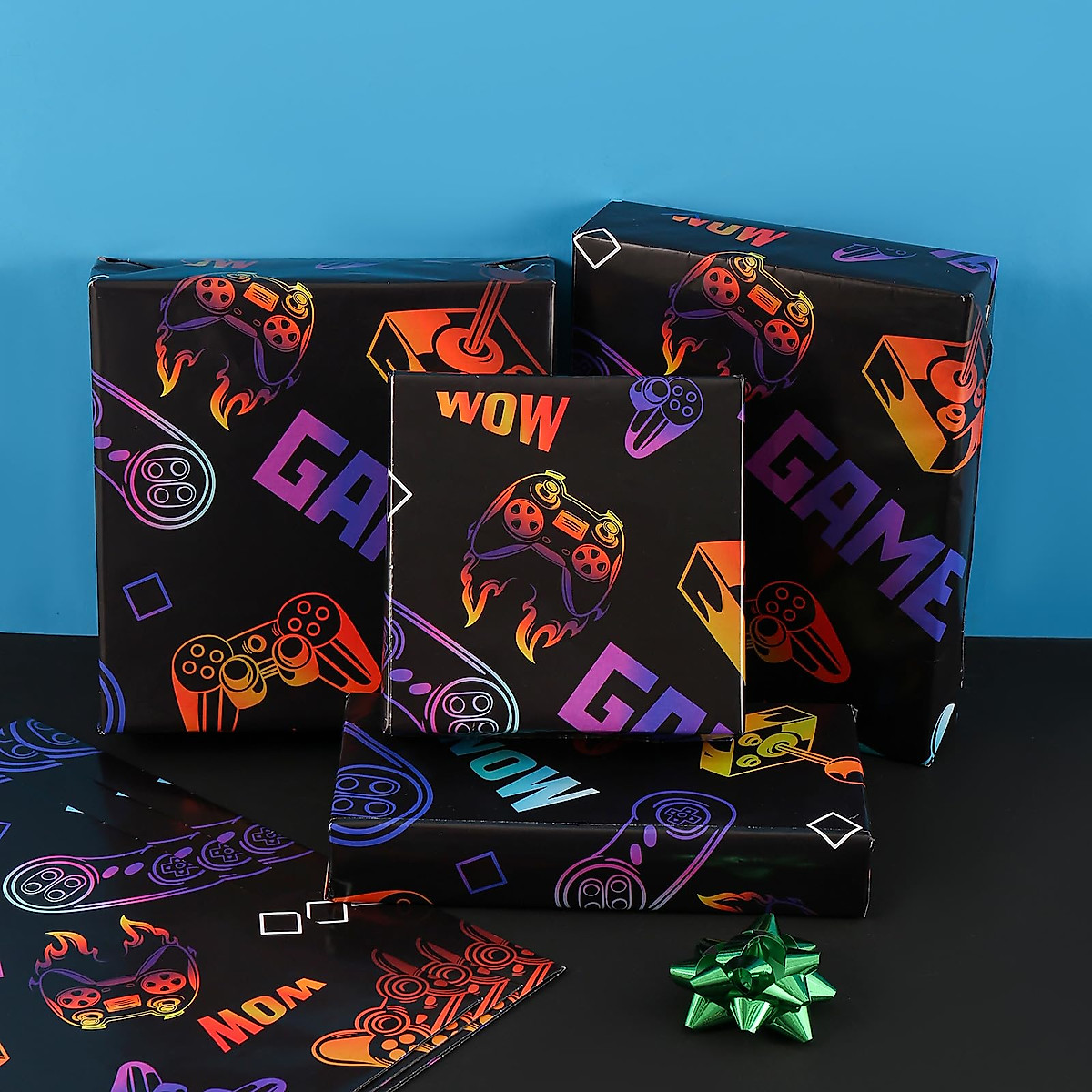 U'COVER Gaming Wrapping Paper Birthday Gift Wrapping Paper for Boys Kids Girls Men 3 Large Sheet Video Game Wrap Paper with Cut Line for Holiday Game Lover 27inch x 39inch (MULTICOLOR)