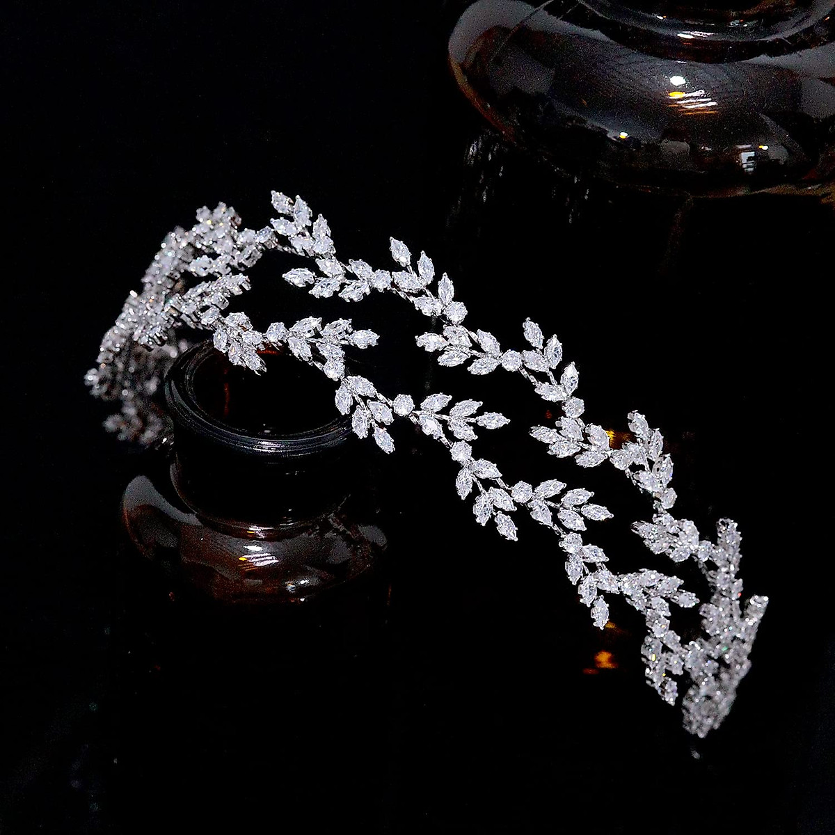 Jorsnovs Cubic Zirconia Double Layer Leaves Wedding Bride Headband Princess Bridal Zircon Tiaras Headwear for Women Prom Party Headpieces Hair Accessories