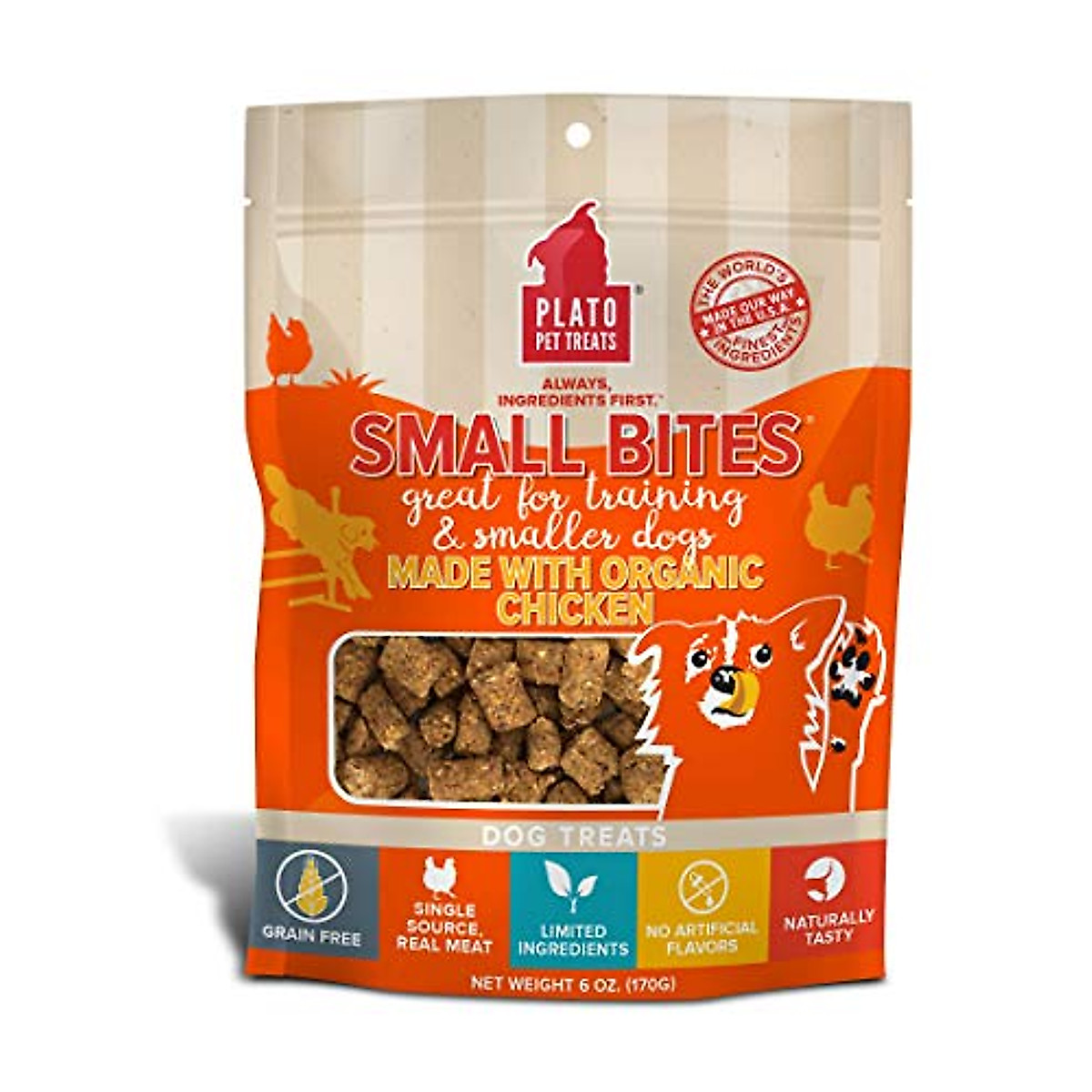PLATO Small Bites Natural Training Dog Treats - Real Meat - Grain Free - Made in the USA - Organic Chicken Flavor, 6 ounces