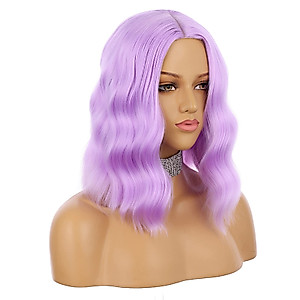 eNilecor Purple Wig, Short Colored Wigs Bob Wig for Women, Natural Wavy Colorful 14 Inch Middle Part Synthetic Wig for Cosplay Party Costume（lavender Purple）