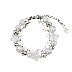 Fuqimanman2020 Y2k Star Silver Beaded Chain Charm Bracelet Aesthetic Grunge Gift for Women-A